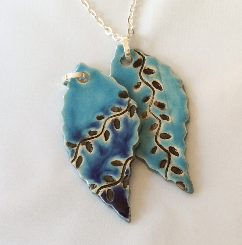 Blue Twist Ceramic Leaf Pendant Large With Vine Texture in - Etsy