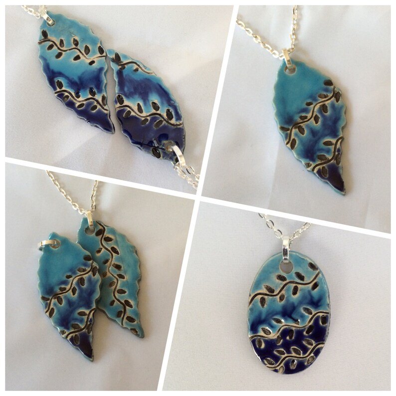 Blue Twist Ceramic Leaf Pendant Large With Vine Texture in - Etsy