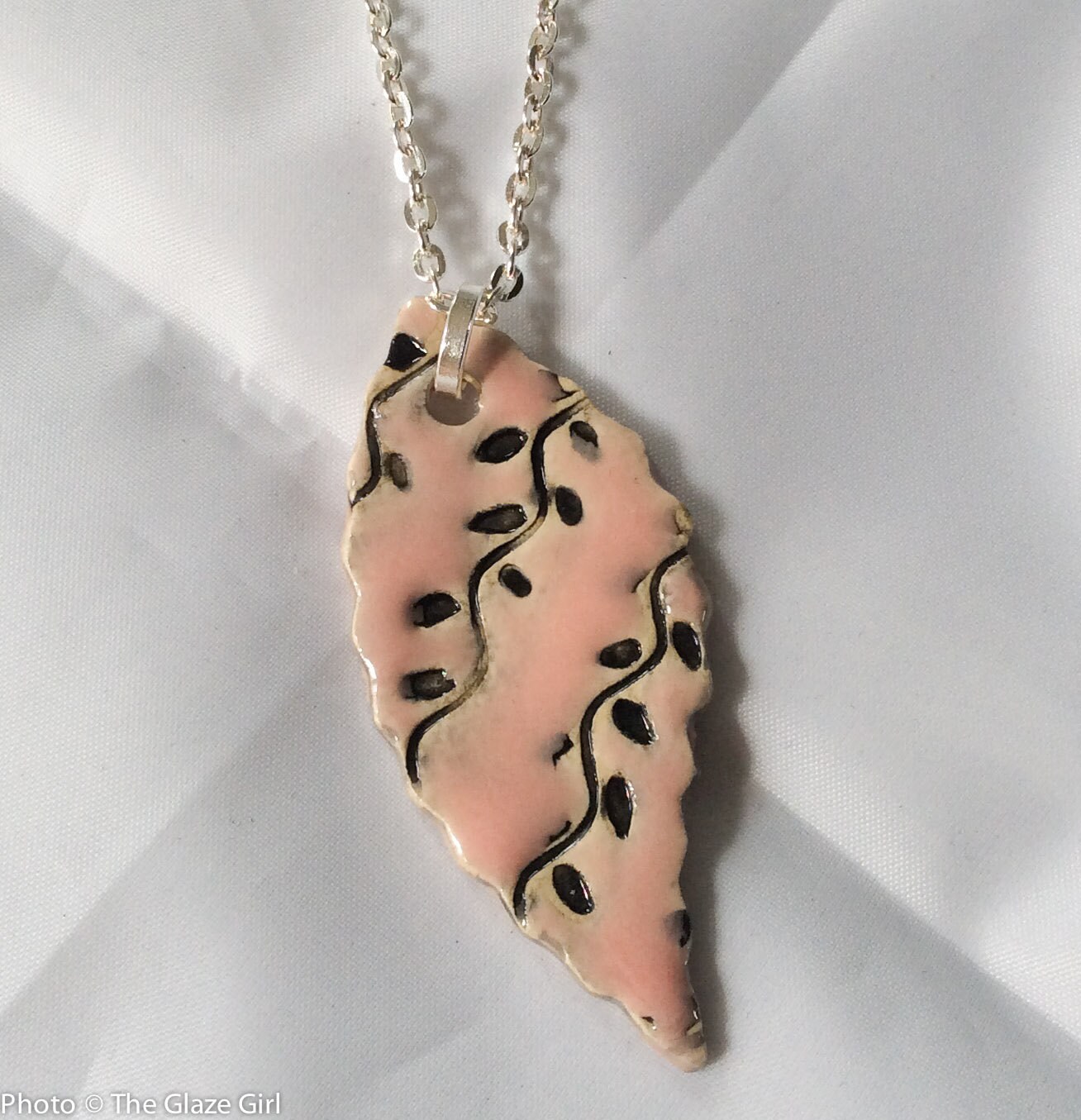 Pink Ceramic Leaf Pendant Large With Vine Texture in Black With ...