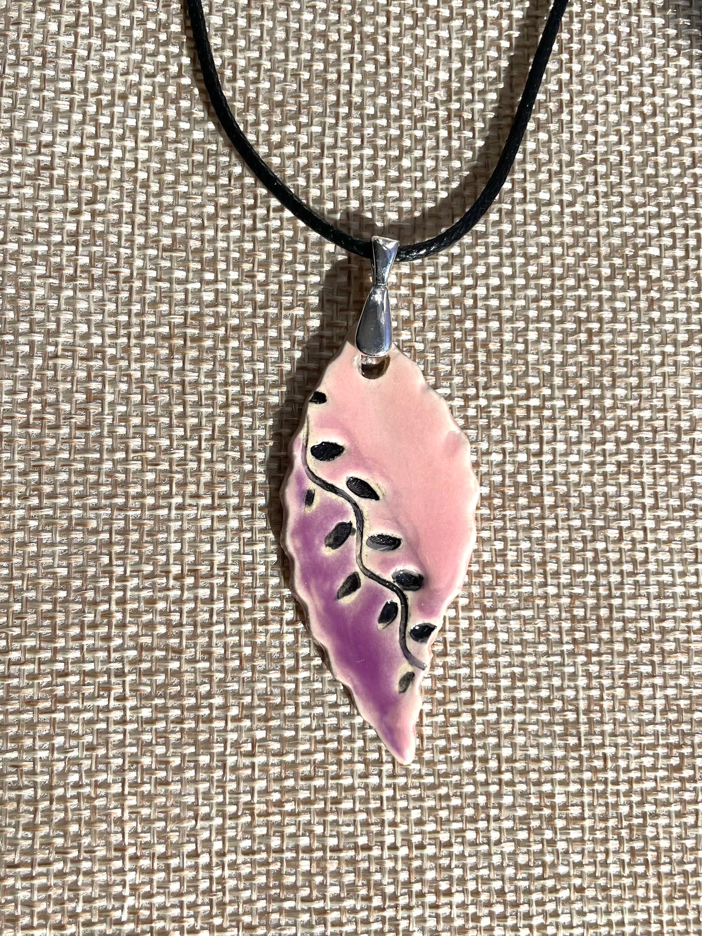 Twisted Pink Ceramic Leaf Pendant Medium With Vine Texture in Black ...