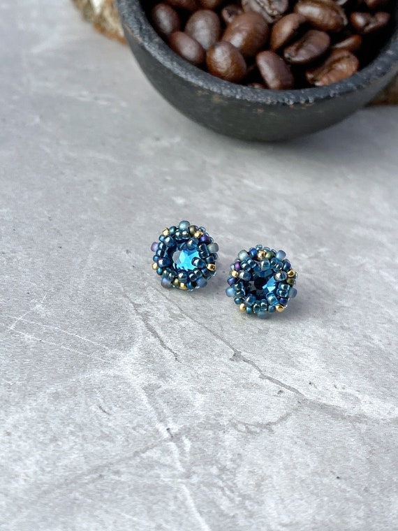 Dark Blue Crystal Stud Earrings With Gold Midnight Blue Beaded Earrings Sterling Silver Post Earrings Etsy