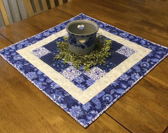 Quilted Table Topper, Table Topper, Quilted Table Runner, Blue and ...