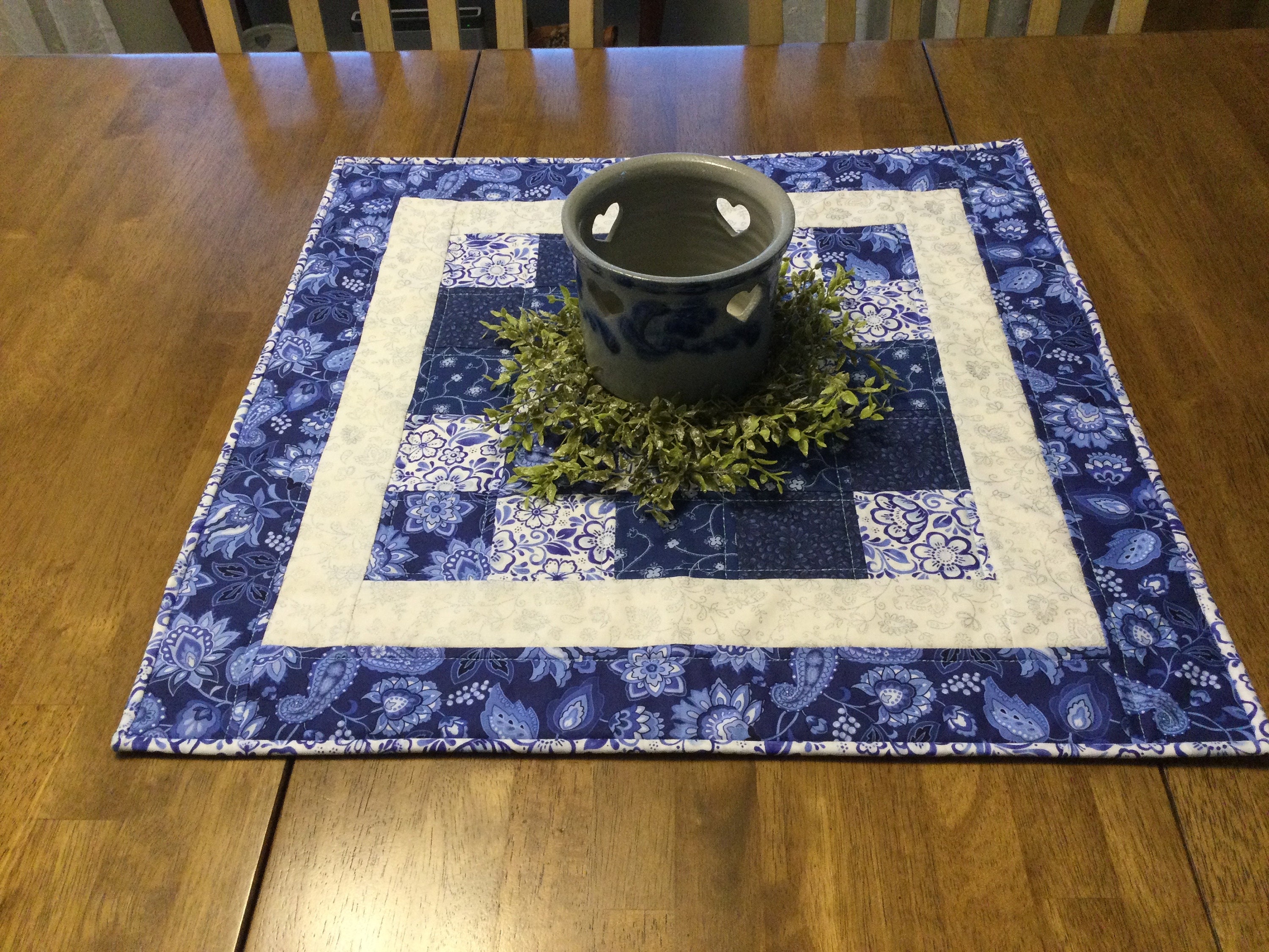 Quilted Table Topper, Table Topper, Quilted Table Runner, Blue and ...