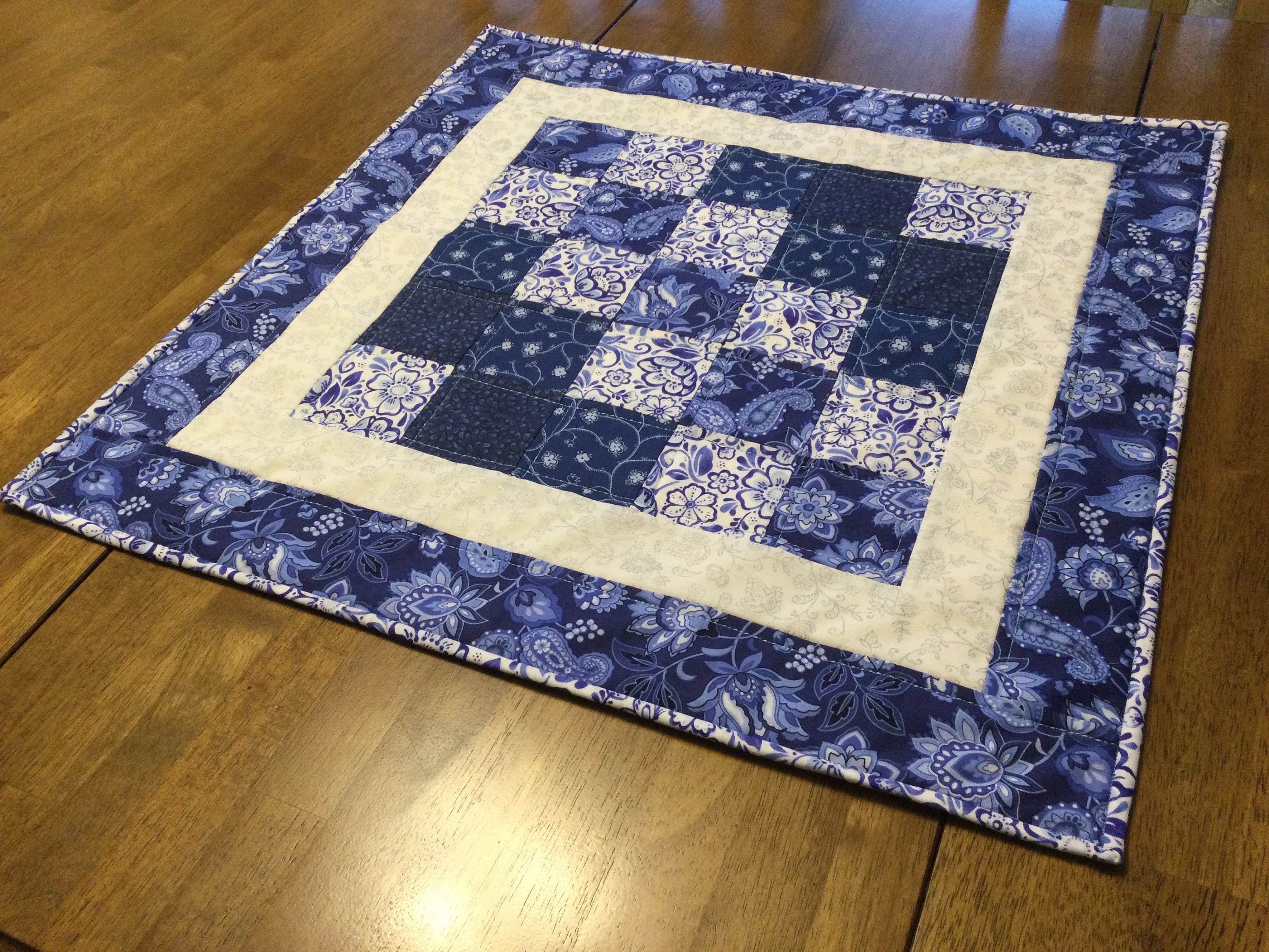 Quilted Table Topper, Table Topper, Quilted Table Runner, Blue and ...