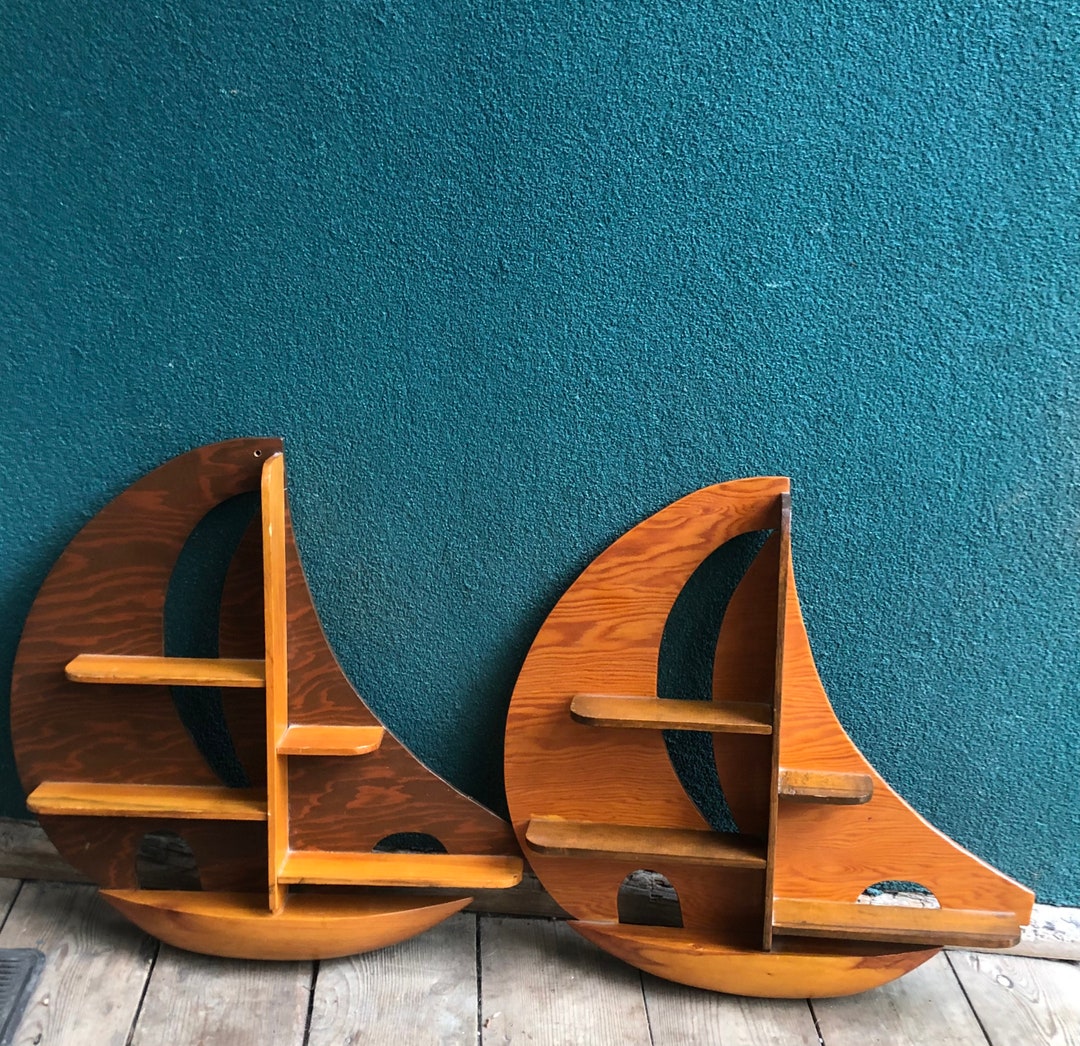 Mid Century Sailboat Wall Shelf Set of Two , Nautical Decor , Wooden ...