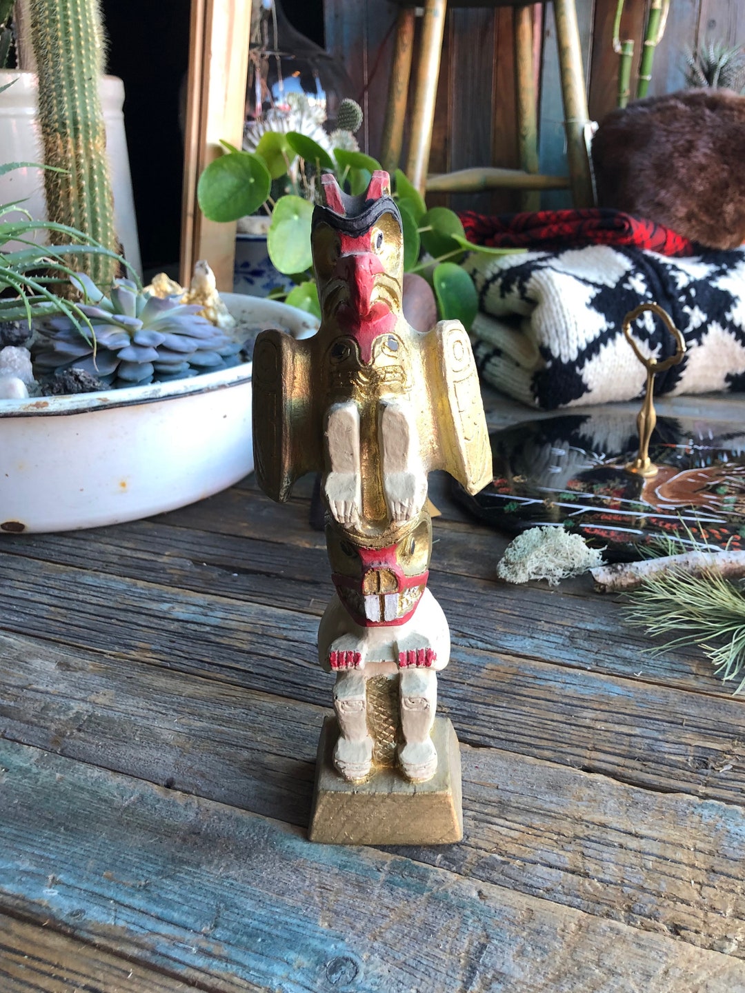 Vintage Plaster Cast Totem Pole: Thunderbird & Beaver, Canadiana ...