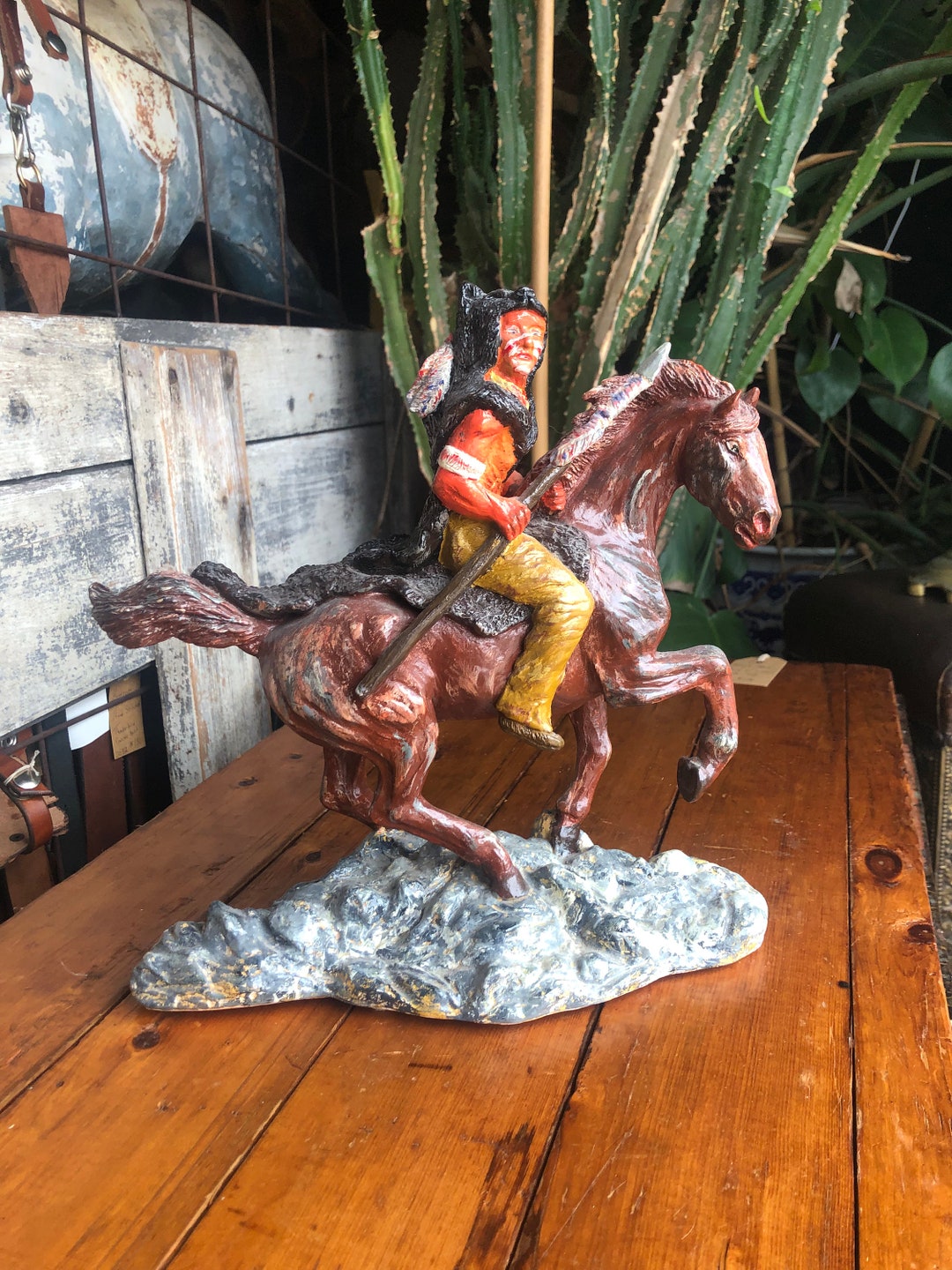 Native American Hand Painted Figurine , Plaster Native Warrior Statue ...