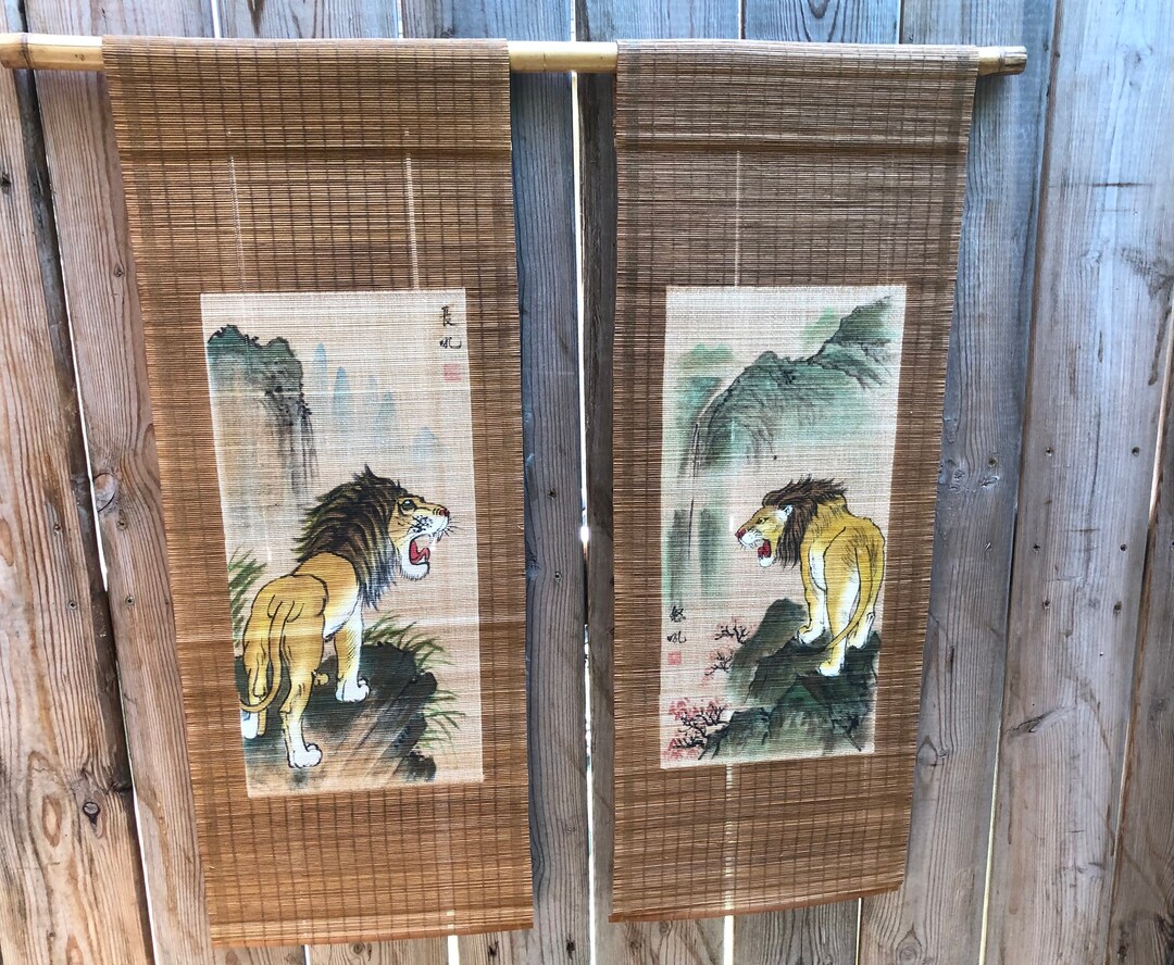 Japanese Bamboo Scrolls With Hand Painted Lions , Hanging Bamboo Scroll ...