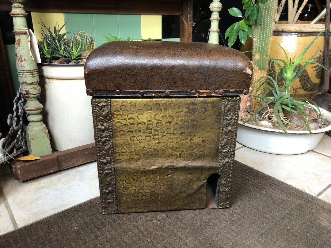 Antique Hammered Brass Coal Stool , Fireplace Fender Stool , Hearth ...