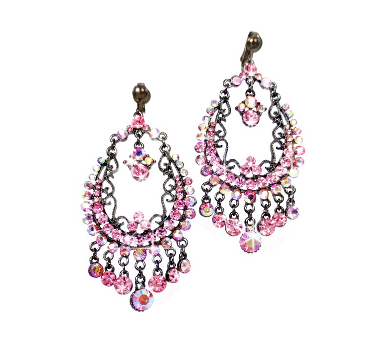Sparkly Earrings Bridal Earring Pink Crystal Dangle Clip On Etsy