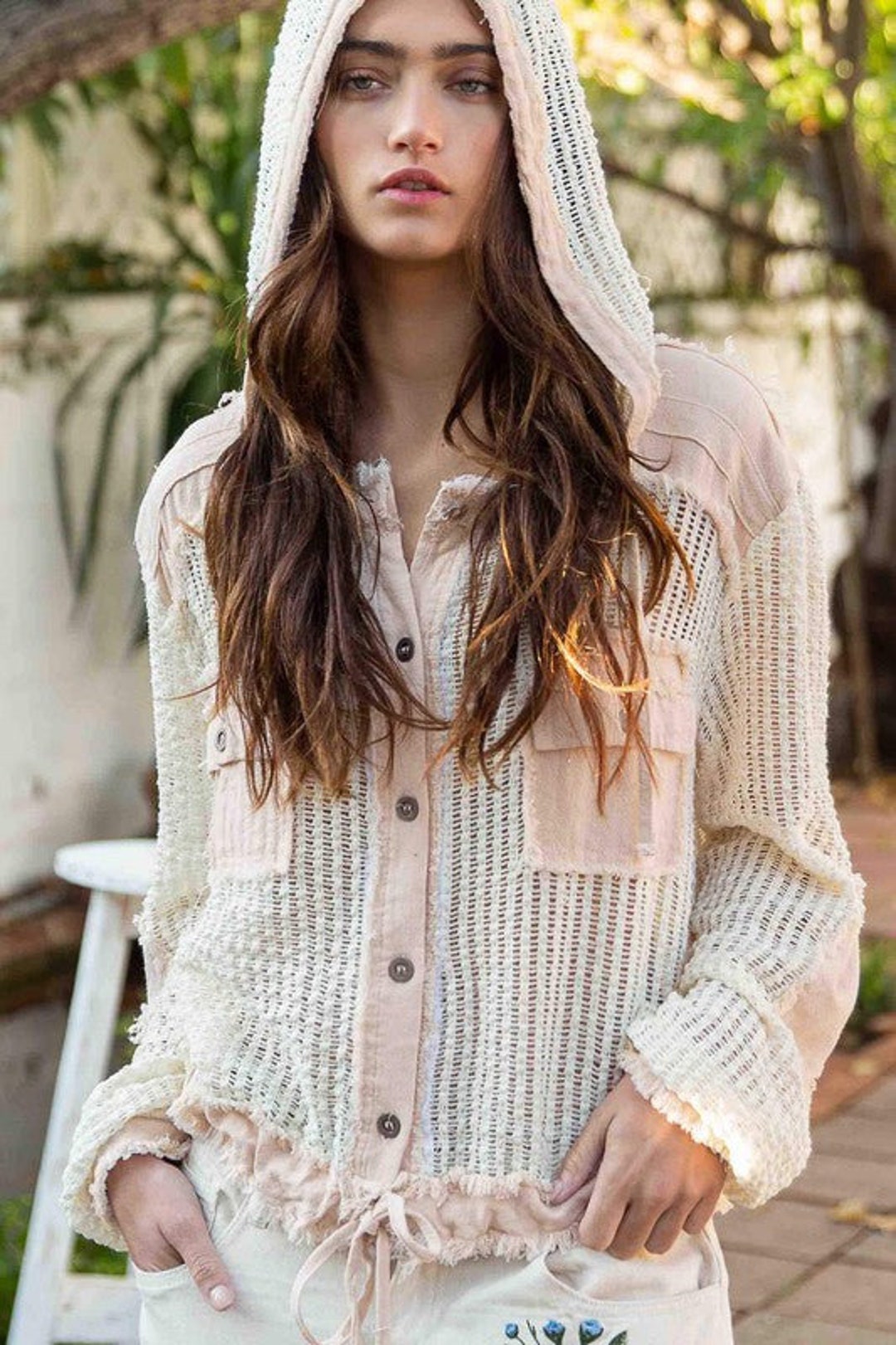 Open Knit Button Down Pocket Hooded Shirt Top - Etsy