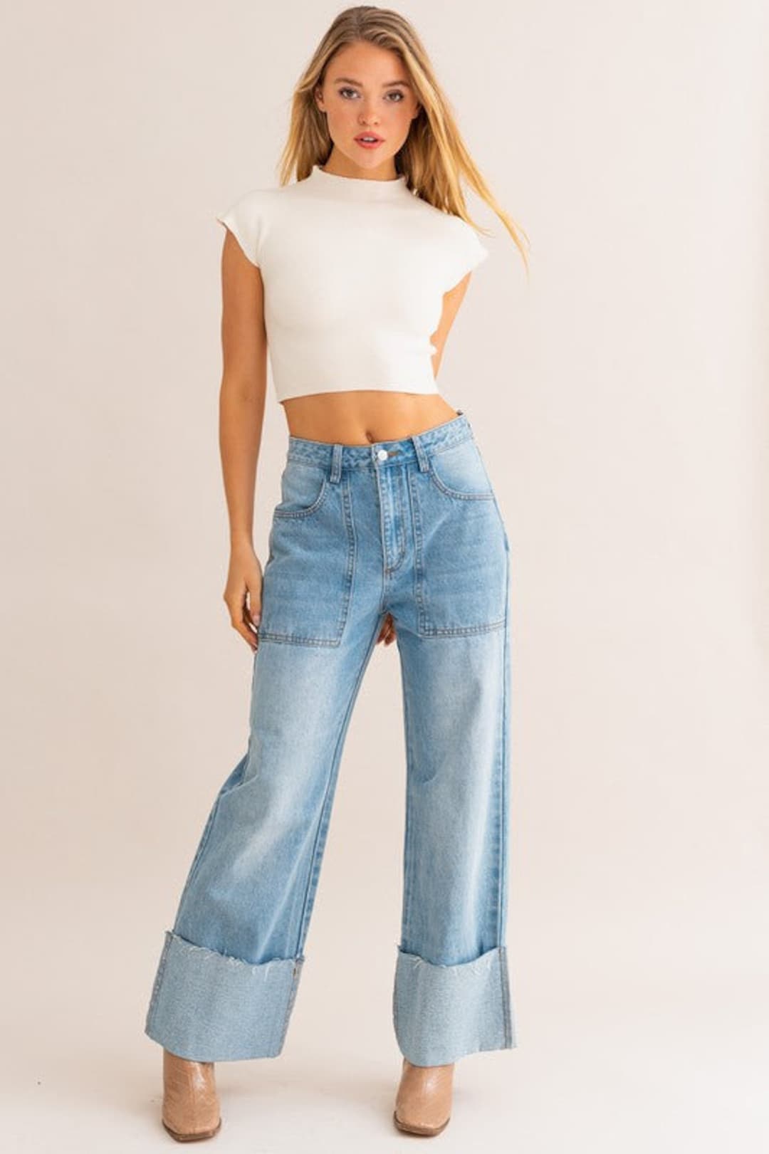 High-waisted Wide Leg Cuffed Jeans - Etsy