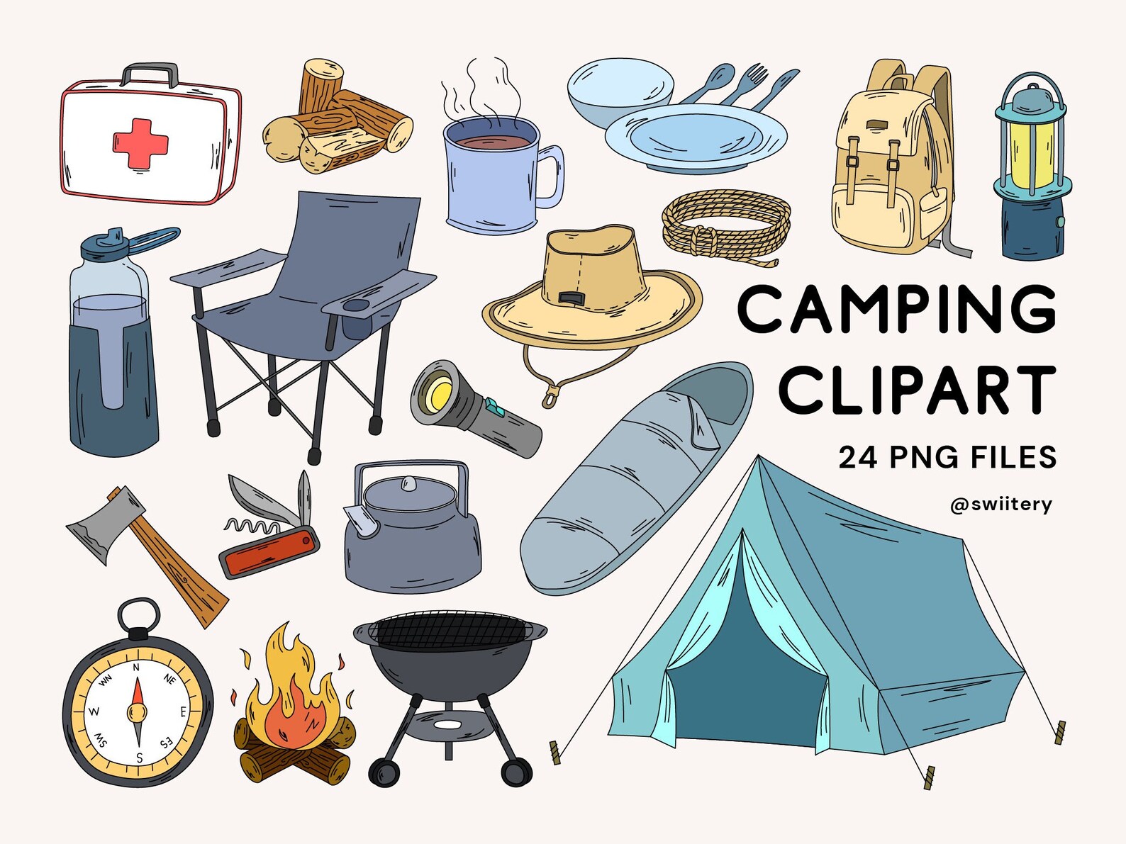 Camping Clipart Set PNG, Campground Outdoor Activity Illustration ...