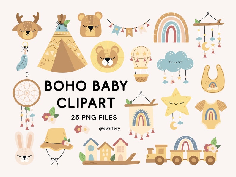 Boho Baby Clipart Set PNG, Nursery Baby Shower Illustration | Digital ...
