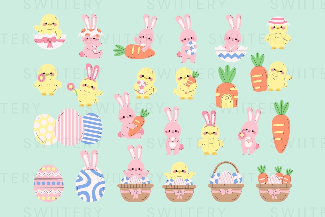 Happy Easter Clipart Set PNG, Cute Bunny, Chick, Eggs Illustration ...