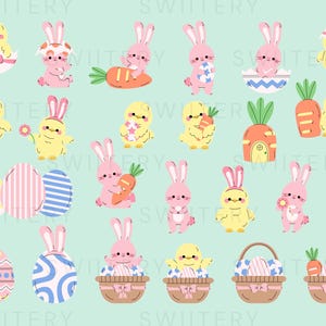 Happy Easter Clipart Set PNG, Cute Bunny, Chick, Eggs Illustration ...