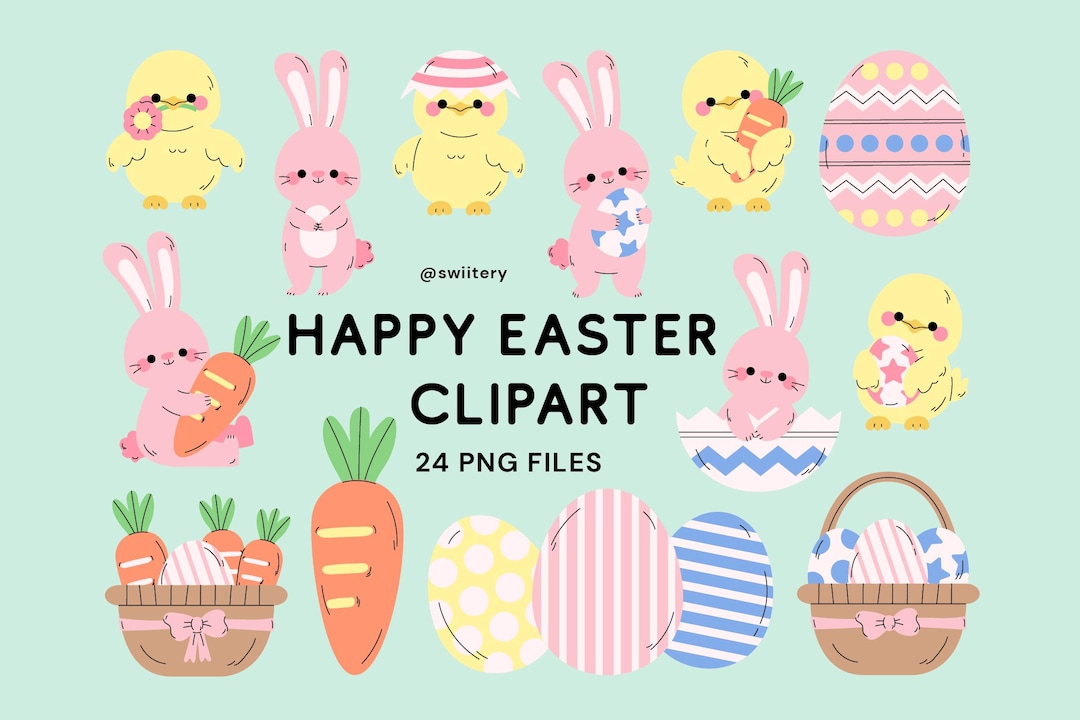 Happy Easter Clipart Set PNG, Cute Bunny, Chick, Eggs Illustration ...