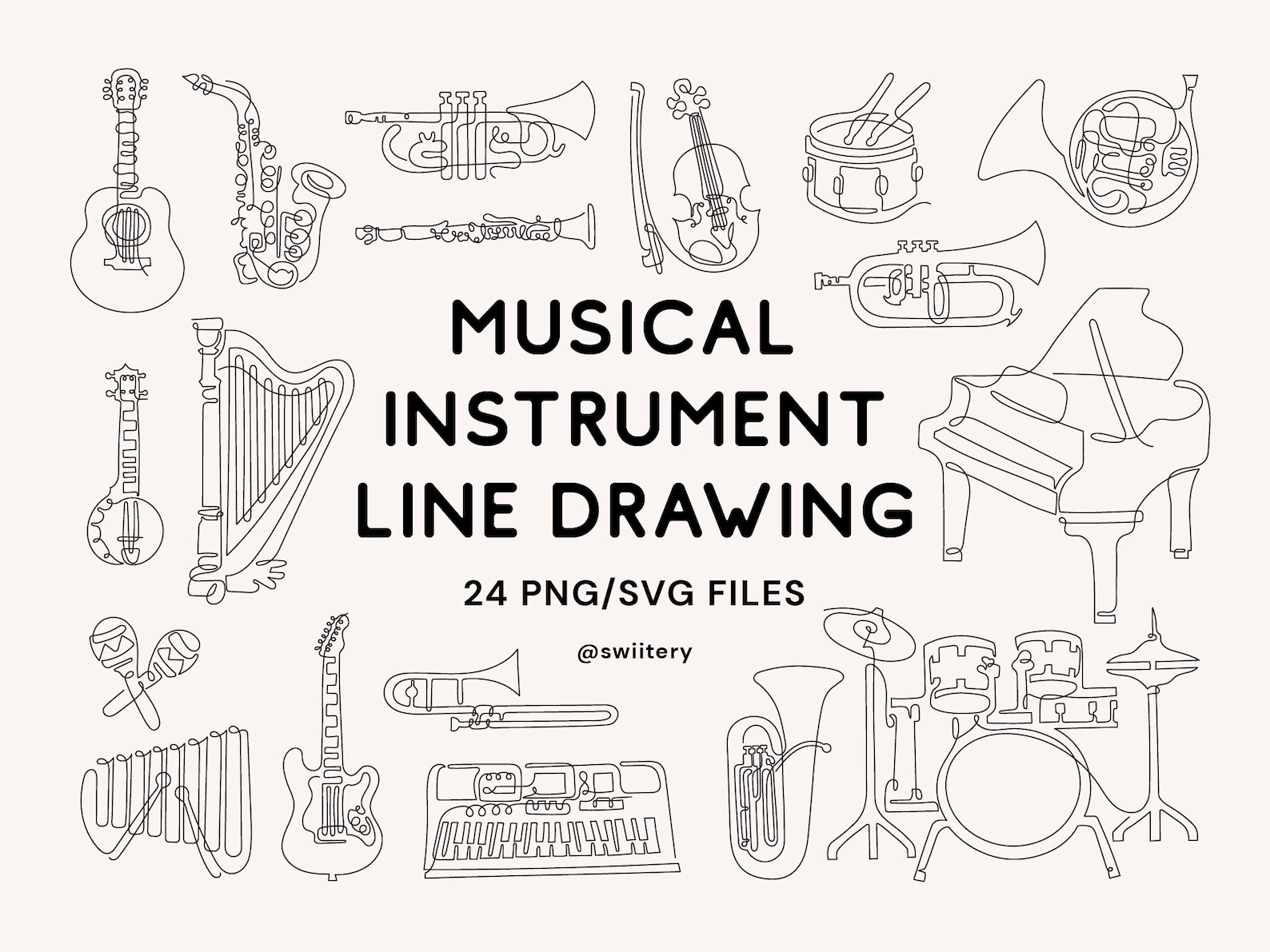 Musical Instrument Line Drawing Clipart PNG SVG | Minimal Line Art for ...