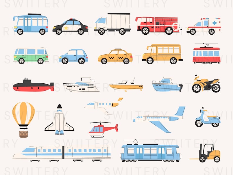 Vehicle Clipart Set PNG, Travel & Transportation Illustration | Digital ...