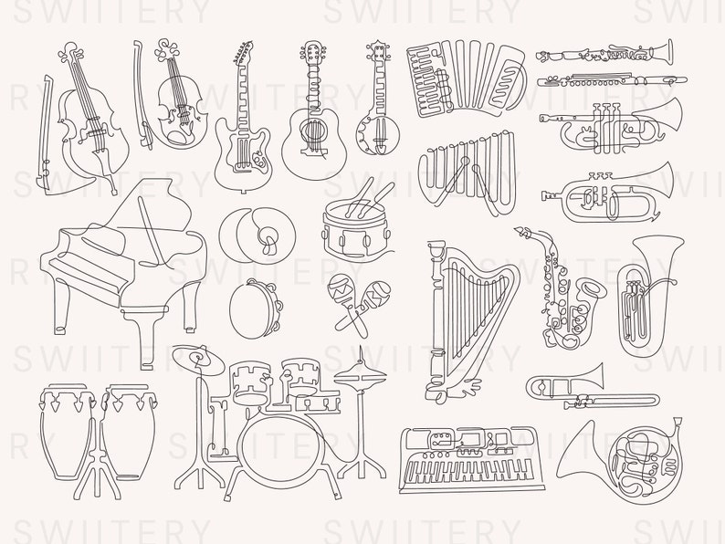 Musical Instrument Line Drawing Clipart PNG SVG | Minimal Line Art for ...