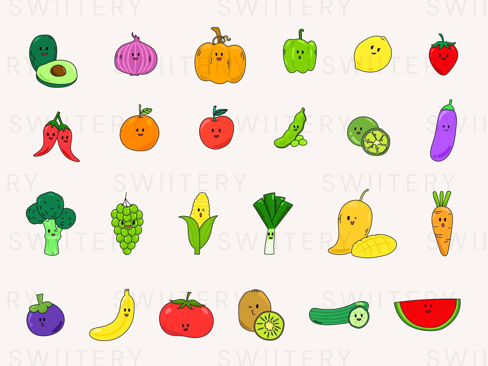 Kawaii Fruit Clipart Set PNG, Cartoon Food Illustration | Digital ...