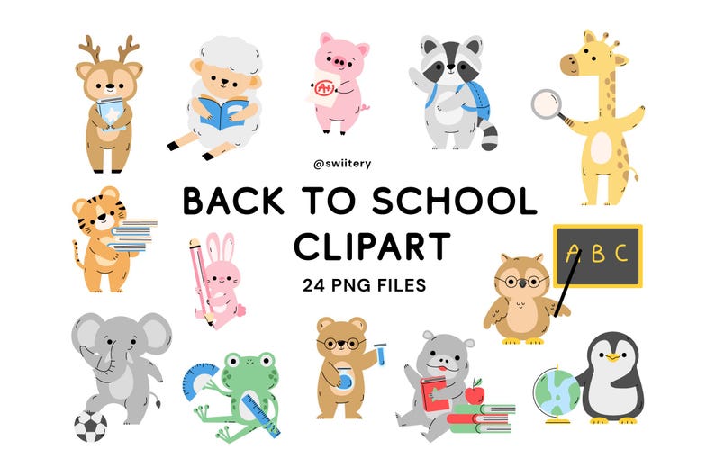 Cute Animal Back to School Clipart Set PNG | Kids Cartoon Characters ...