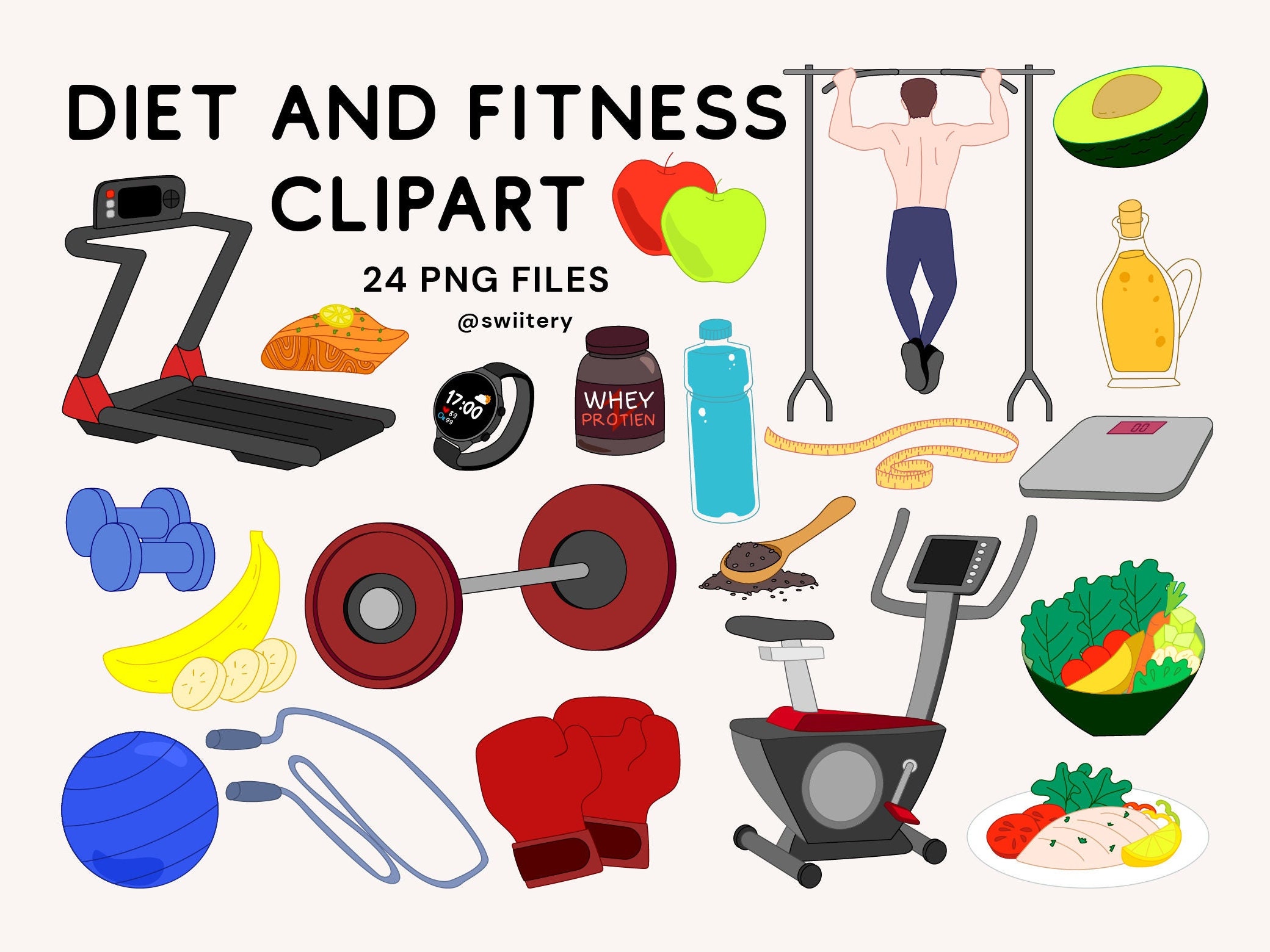 Diet and Fitness Clipart Set PNG, Healthcare and Exercise Illustration ...