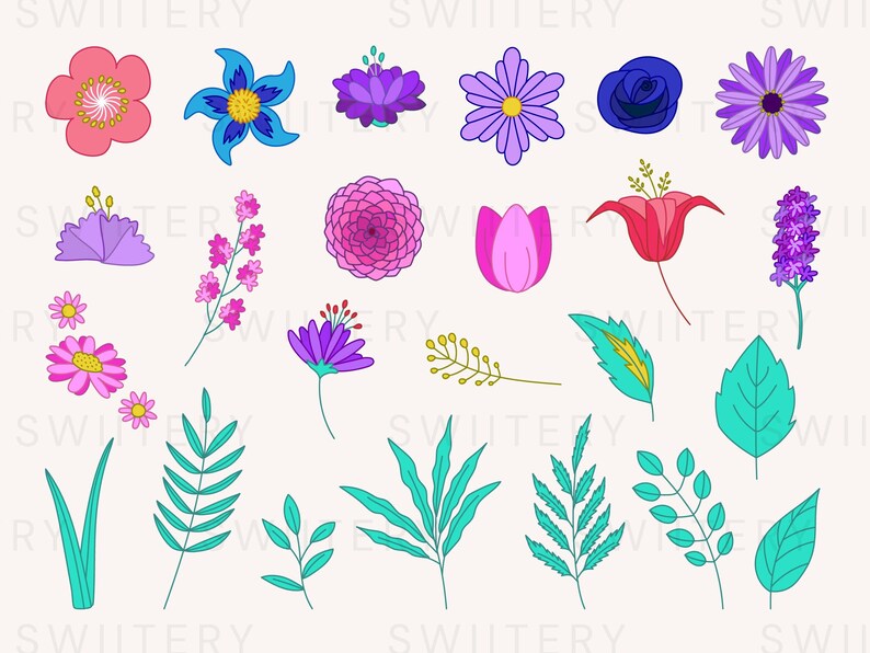Flower & Leaf Clipart Set PNG, Floral Decoration Illustration | Digital ...
