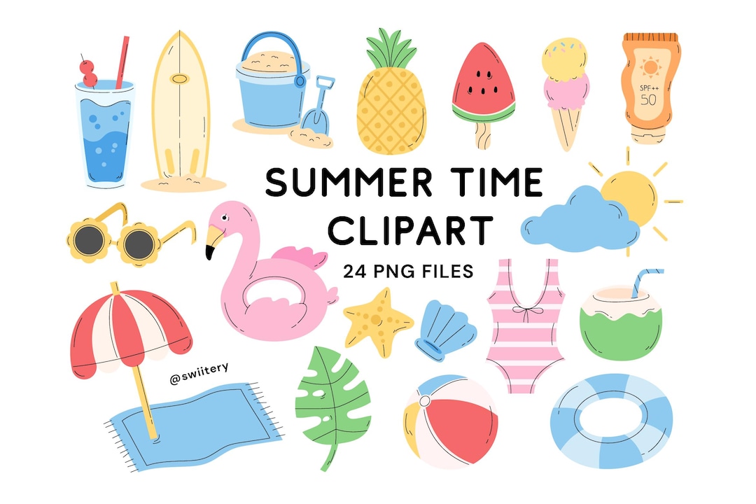 Summer Time Clipart Set PNG, Beach Holiday Vacation Illustration ...