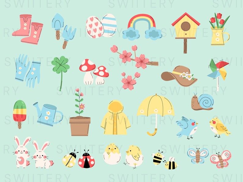 Spring Clipart Set PNG, Springtime Season Illustration | Digital ...