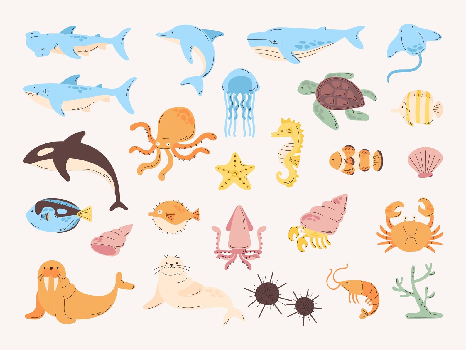 Sea Animal Clipart Set PNG, Ocean Marine Illustration | Digital Instant ...