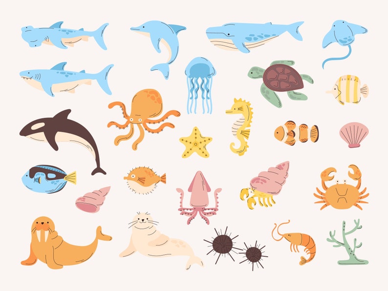 Sea Animal Clipart Set PNG, Ocean Marine Illustration | Digital Instant ...