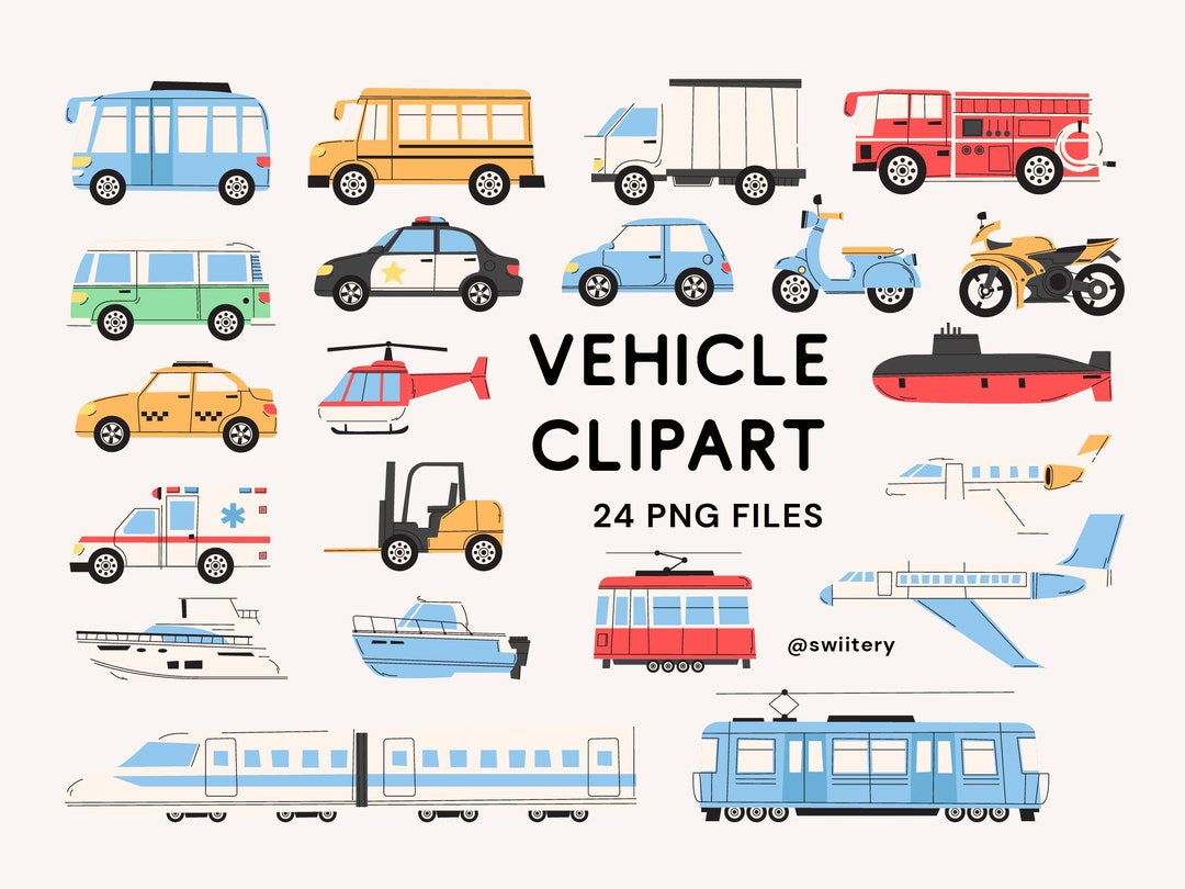 Vehicle Clipart Set PNG, Travel & Transportation Illustration | Digital ...
