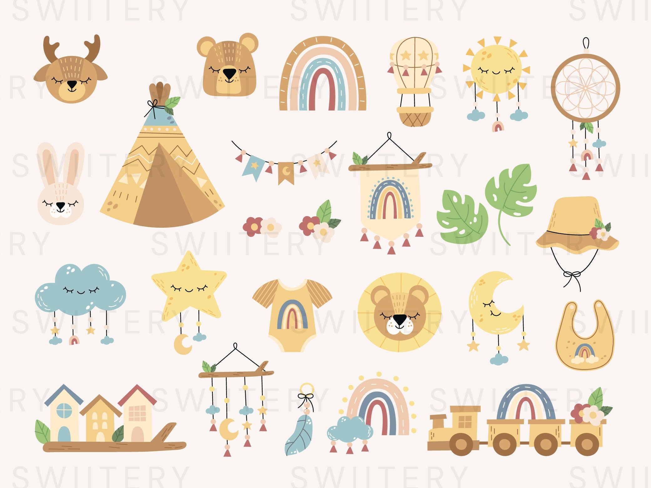 Boho Baby Clipart Set PNG, Nursery Baby Shower Illustration | Digital ...