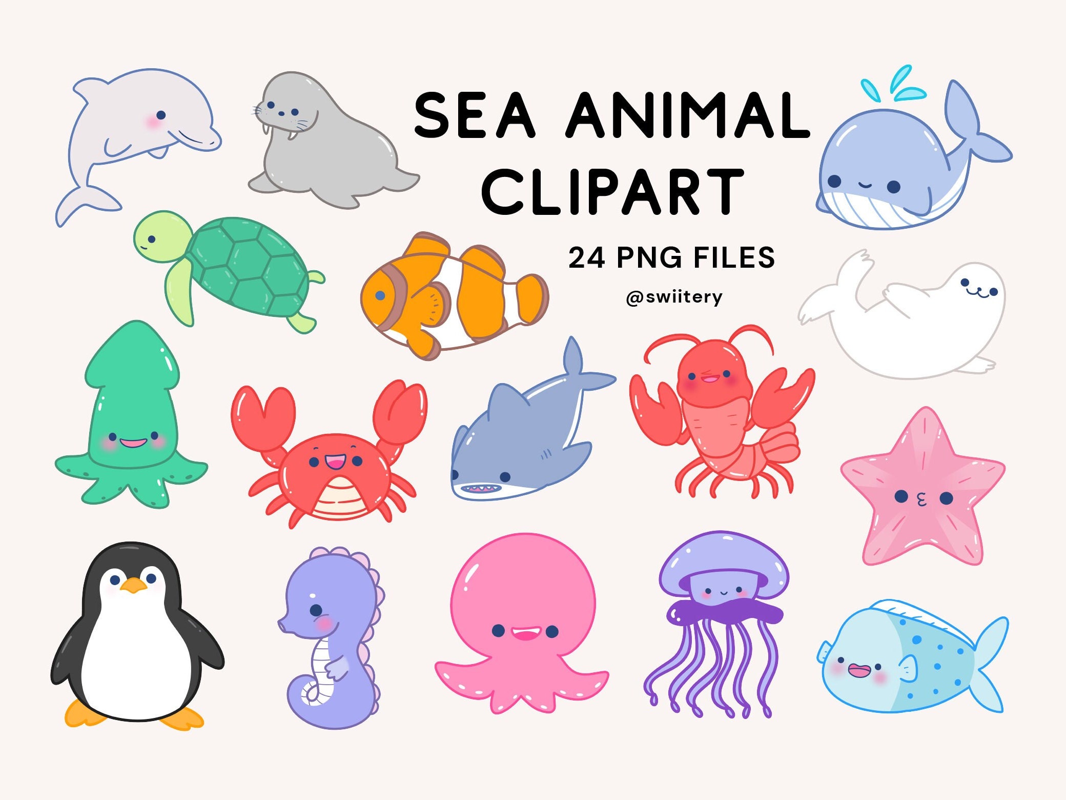 Sea Animal Clipart PNG | Cute Ocean Animal for Kids | Fish Ocean Marine ...