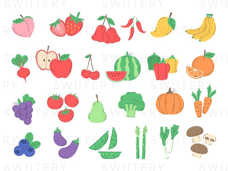 Fruit and Vegetable Clipart Set PNG Healthy Food Illustration - Etsy