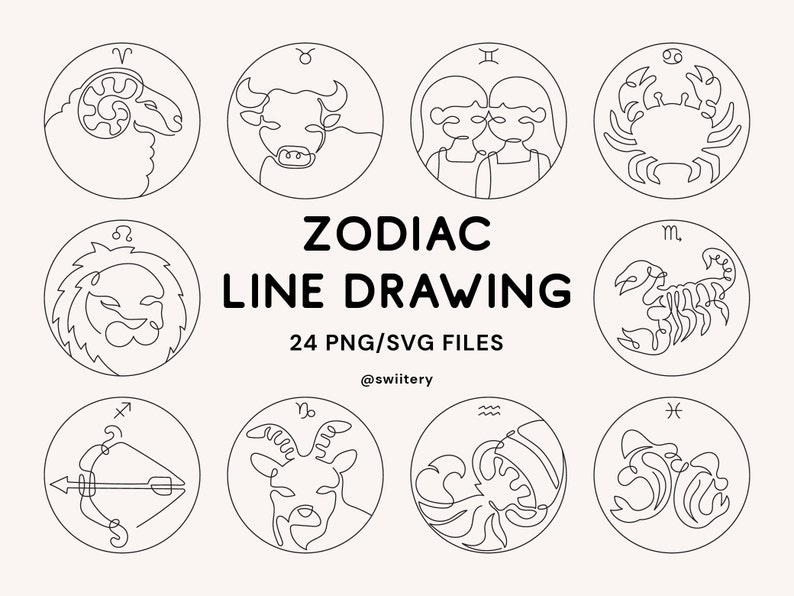 Zodiac Line Drawing Clipart PNG SVG | Minimal Line Art for Wall Decor ...