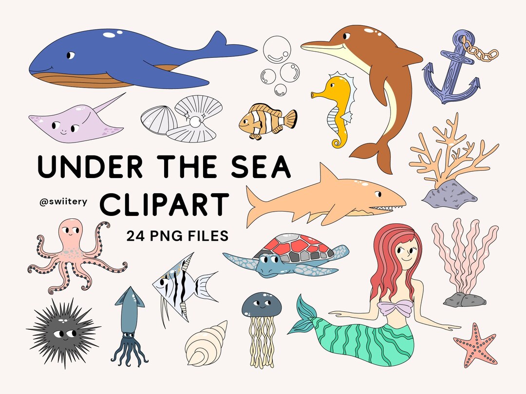 Under the Sea Clipart Set PNG, Mermaid and Sea Animals Illustration ...