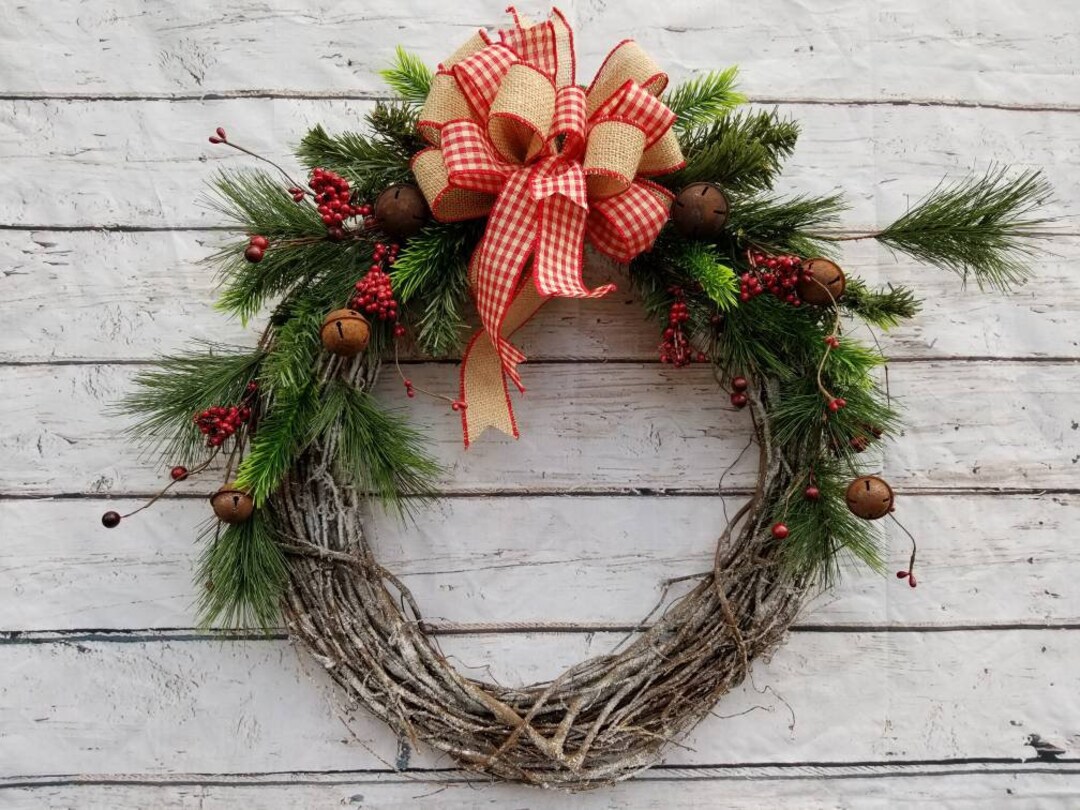 Rustic Bell and Berries Grapevine Wreath, Natural, Woodsy, Christmas ...