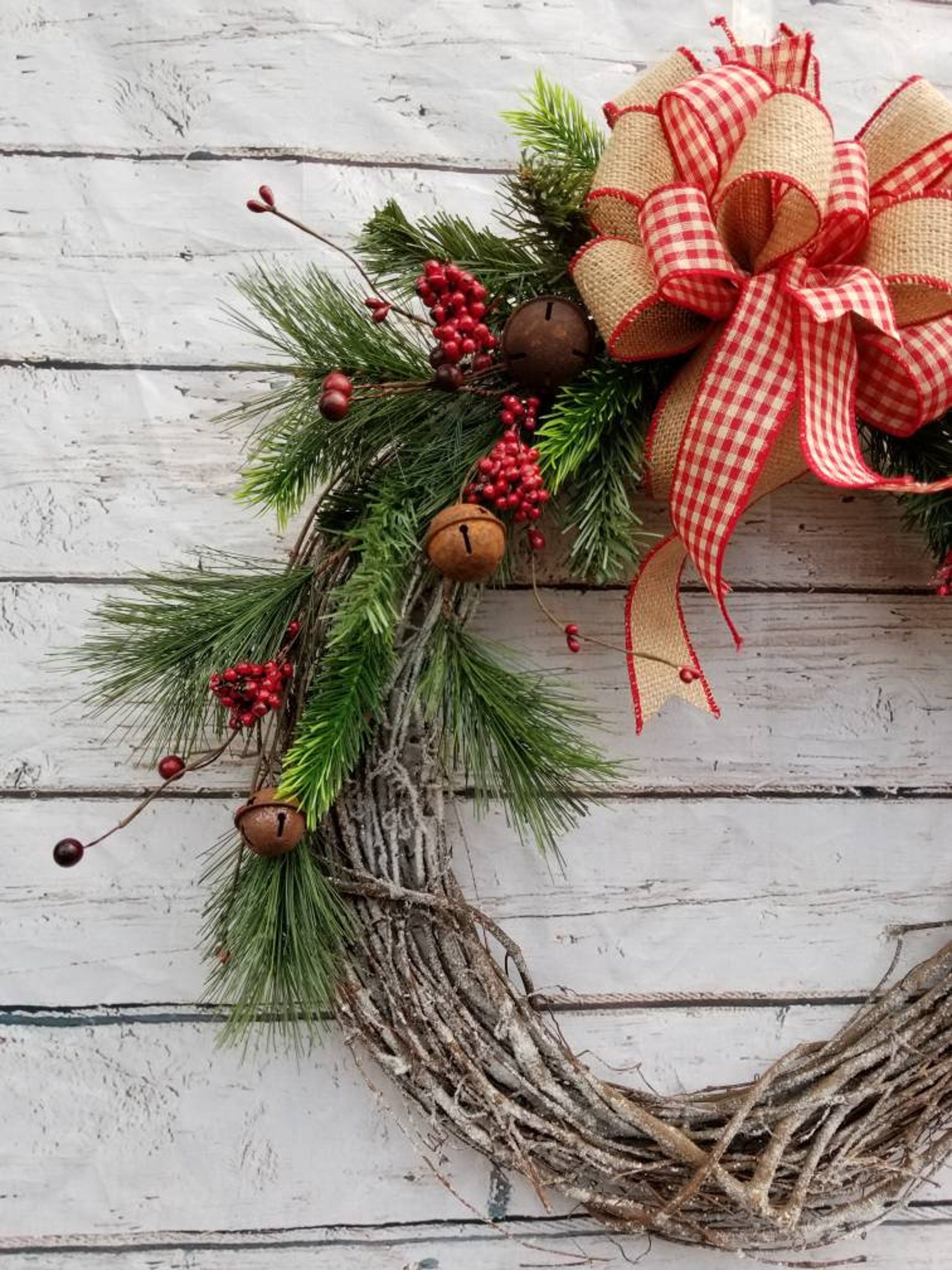 Rustic Bell and Berries Grapevine Wreath Natural Woodsy | Etsy
