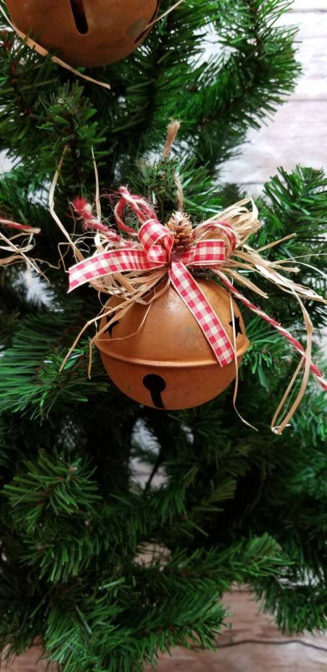 Rustic Jingle Bell Ornaments With Plaid Ribbon and Pinecone - Etsy