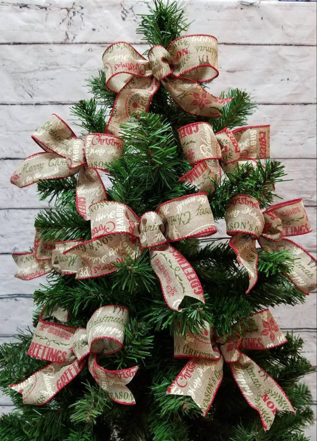 8 Shoestring Bows With Red Trim and Holiday Expressions, Rustic Bows ...