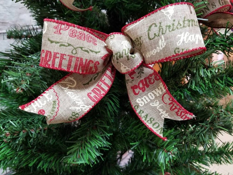 8 Shoestring Bows With Red Trim and Holiday Expressions, Rustic Bows ...