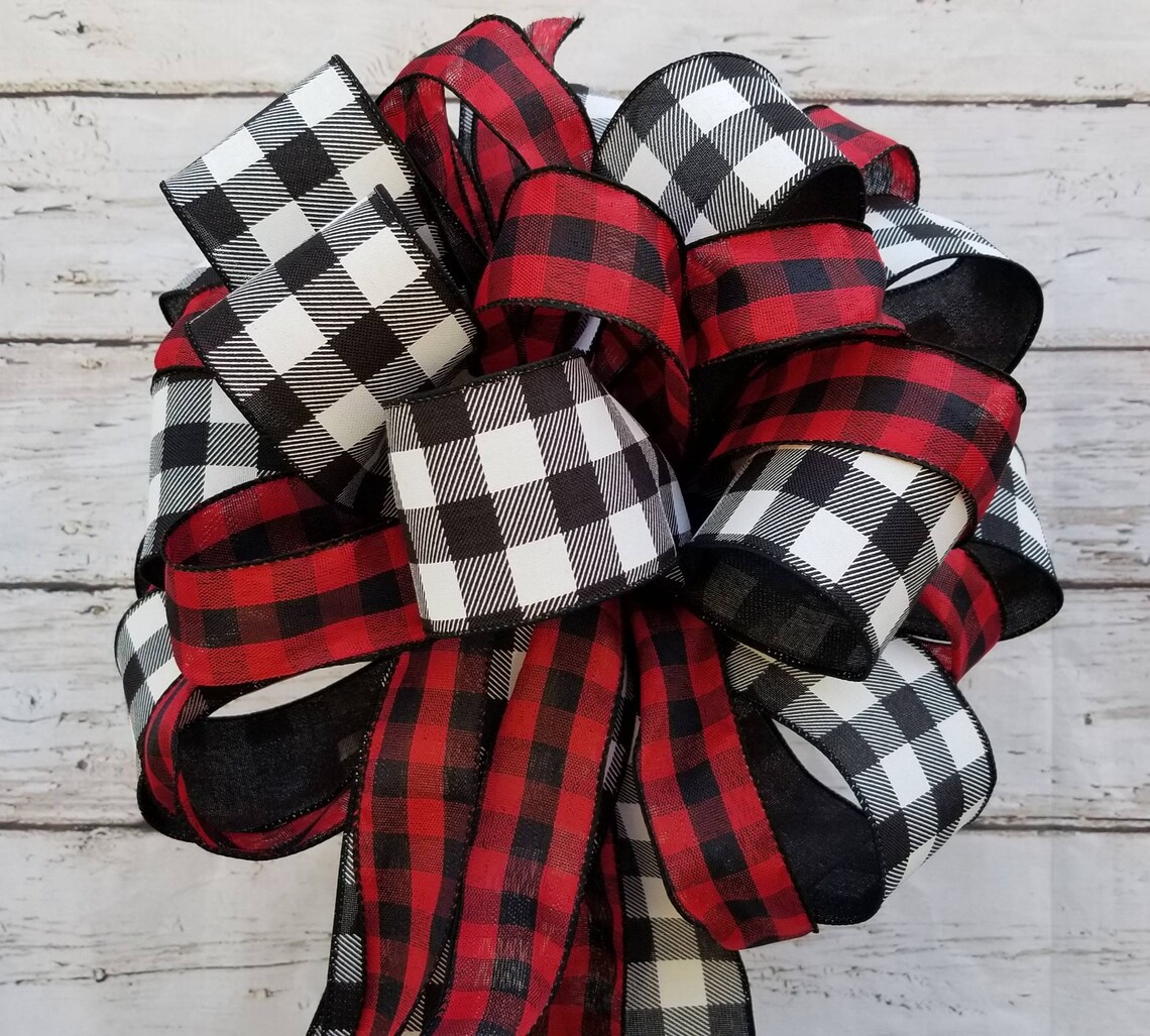 Red and Black Buffalo Check Wired Christmas Tree Topper Bow - Etsy
