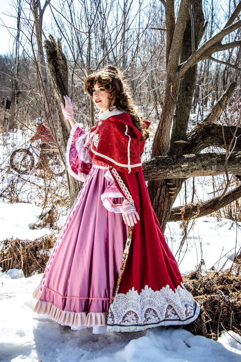 Belle Pink Dress, Winter Cape, Princess Gown, Red Cape - Etsy