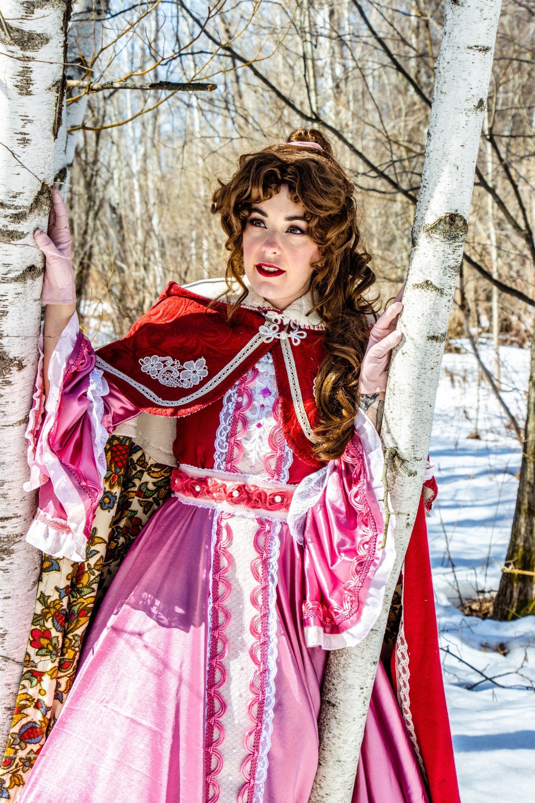 Belle Pink Dress, Winter Cape, Princess Gown, Red Cape - Etsy