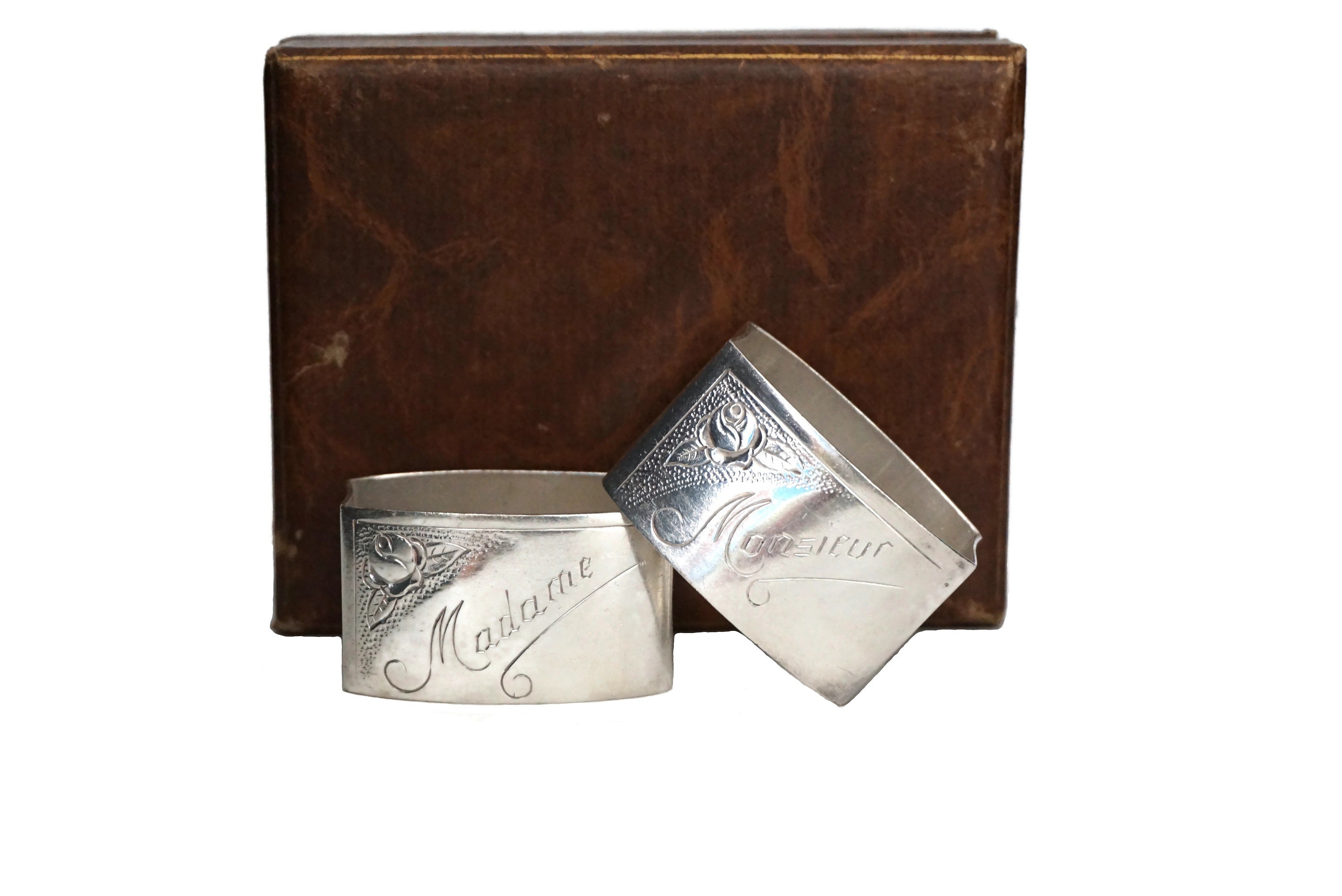 Madame and Monsieur Silver Napkin Rings, Art Deco French Serviette Holders