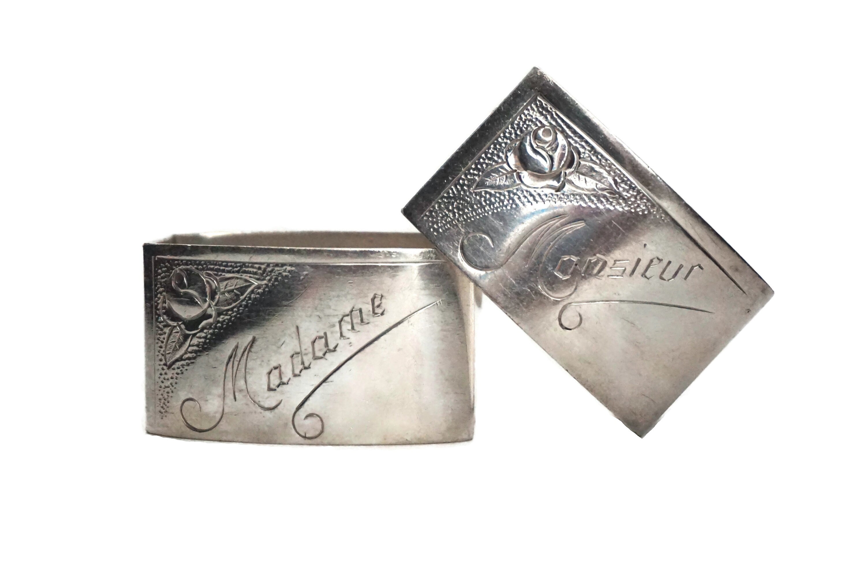Madame and Monsieur Silver Napkin Rings, Art Deco French Serviette Holders