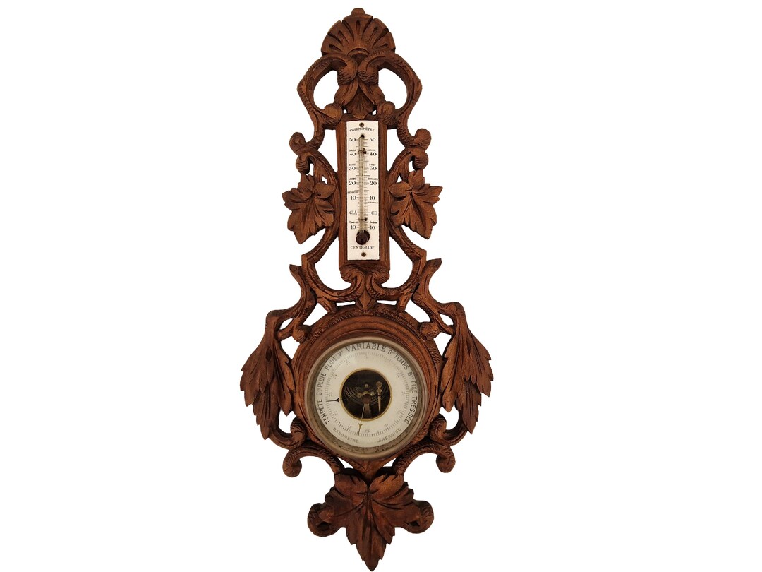 Antique Black Forest Wood Barometer and French Enamel Thermometer ...