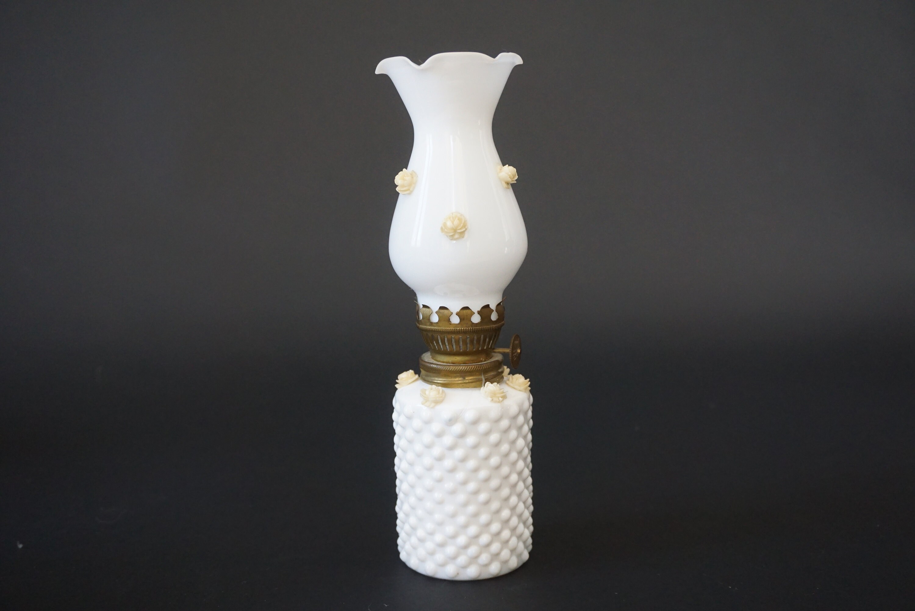 Miniature White Milk Glass Hobnail Oil Lamp With Rose Flowers Etsy